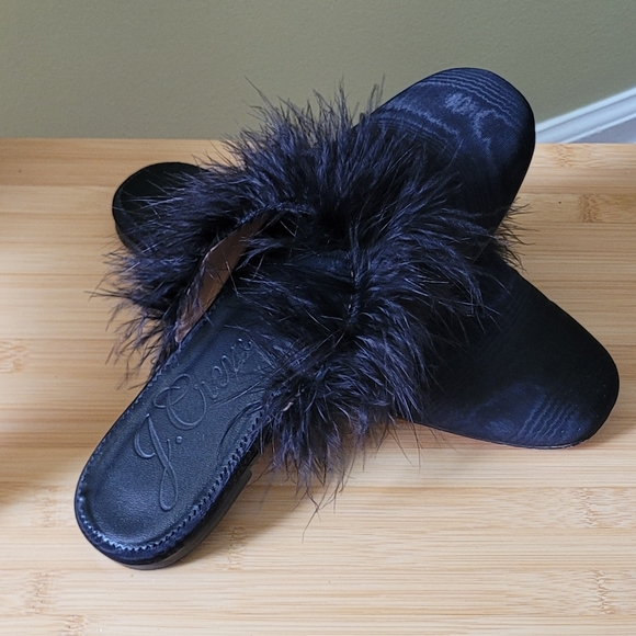 J. Crew | Shoes | J Crew Black Featheredtrim Mule Slides In Moire Silk ...